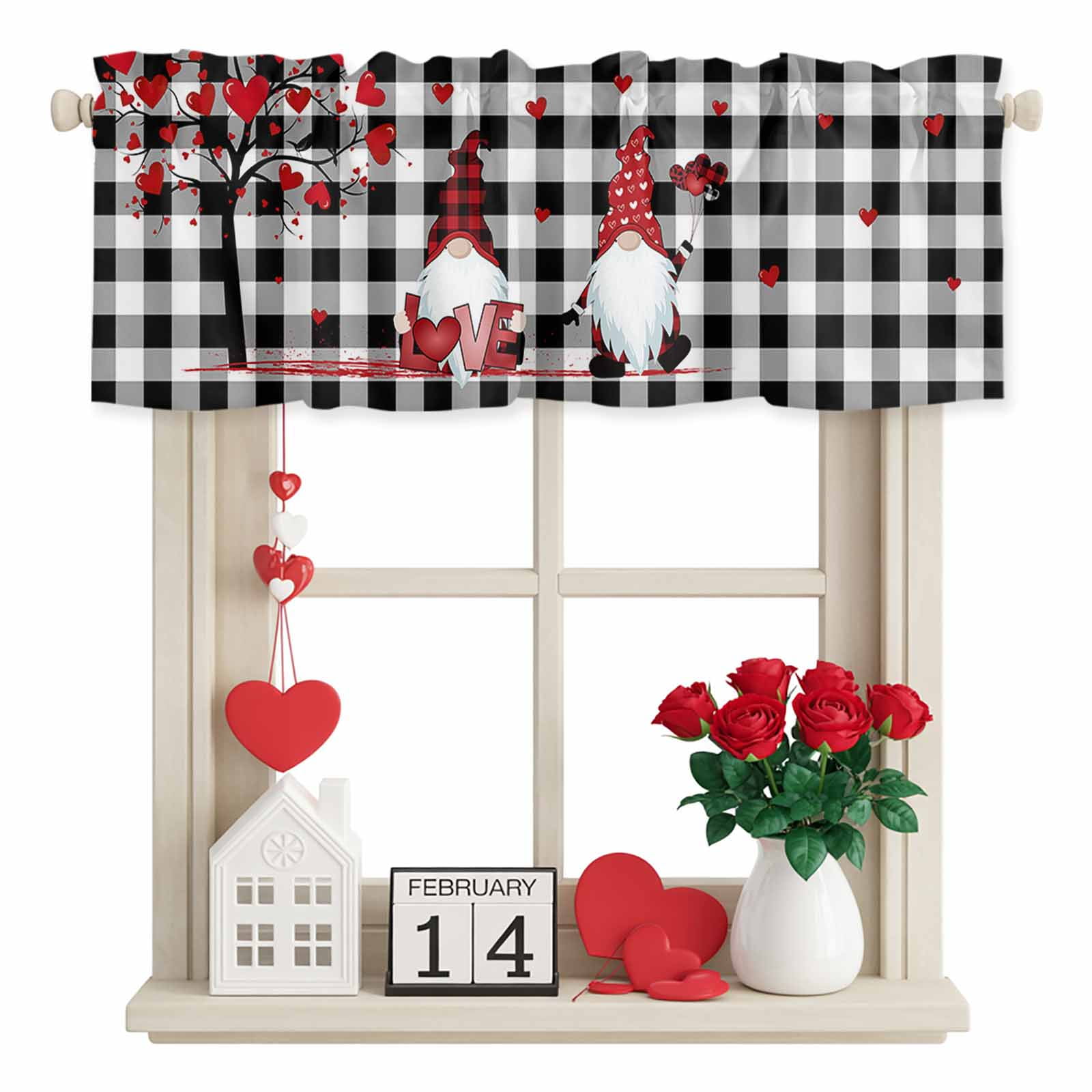 Happy Valentine's Valance Curtain for Windows Day Gnomes Black White ...