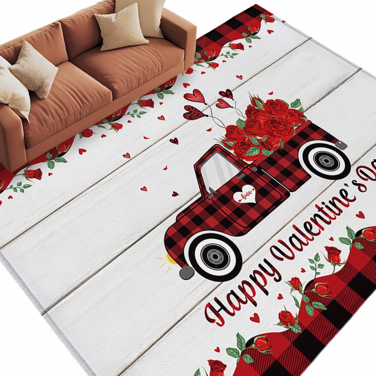 Happy Valentine's Washable Area Rug 6 x 9 ft Day Red Plaid Truck Rose ...