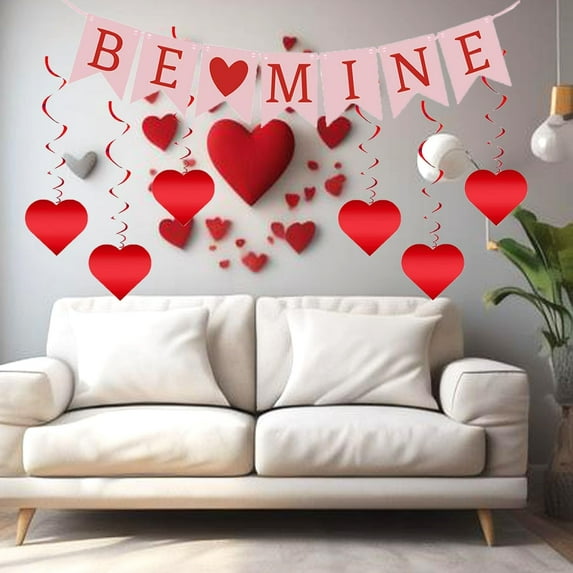 Happy Valentines Day Banner with Heart Shaped Swirl Hang Party ...