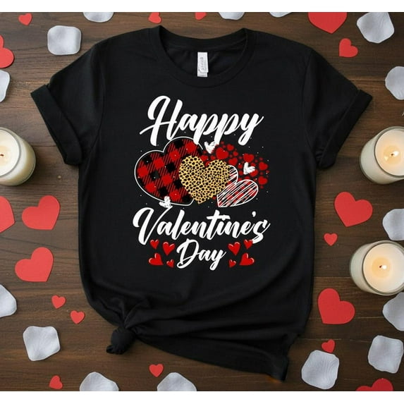 Happy Valentines Day Leopard Plaid Hearts Graphic Back Print Shirt ...