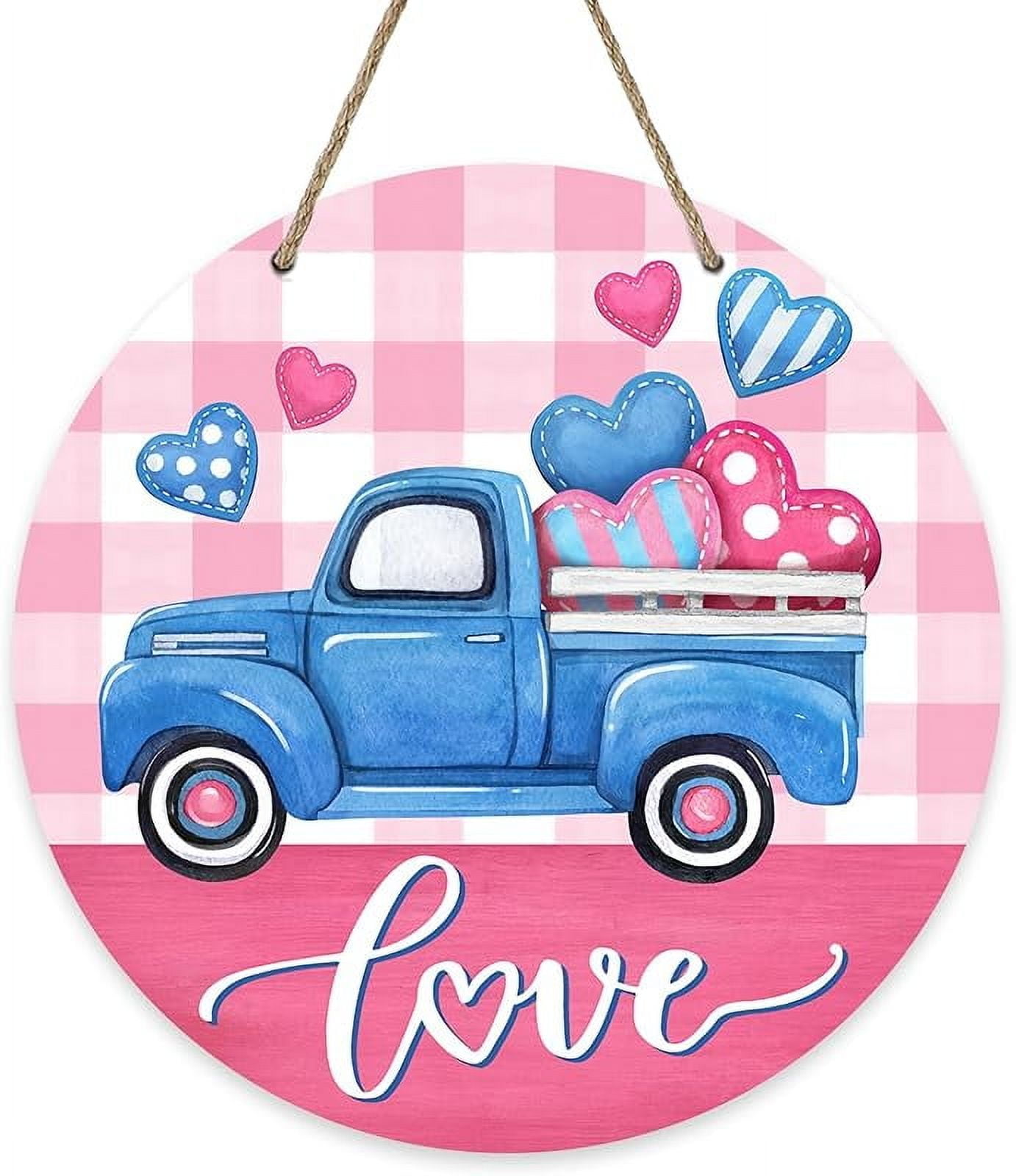 Valentines Day Truck Sign Front Door Decor, Farmhouse Peach Pink Plaid ...