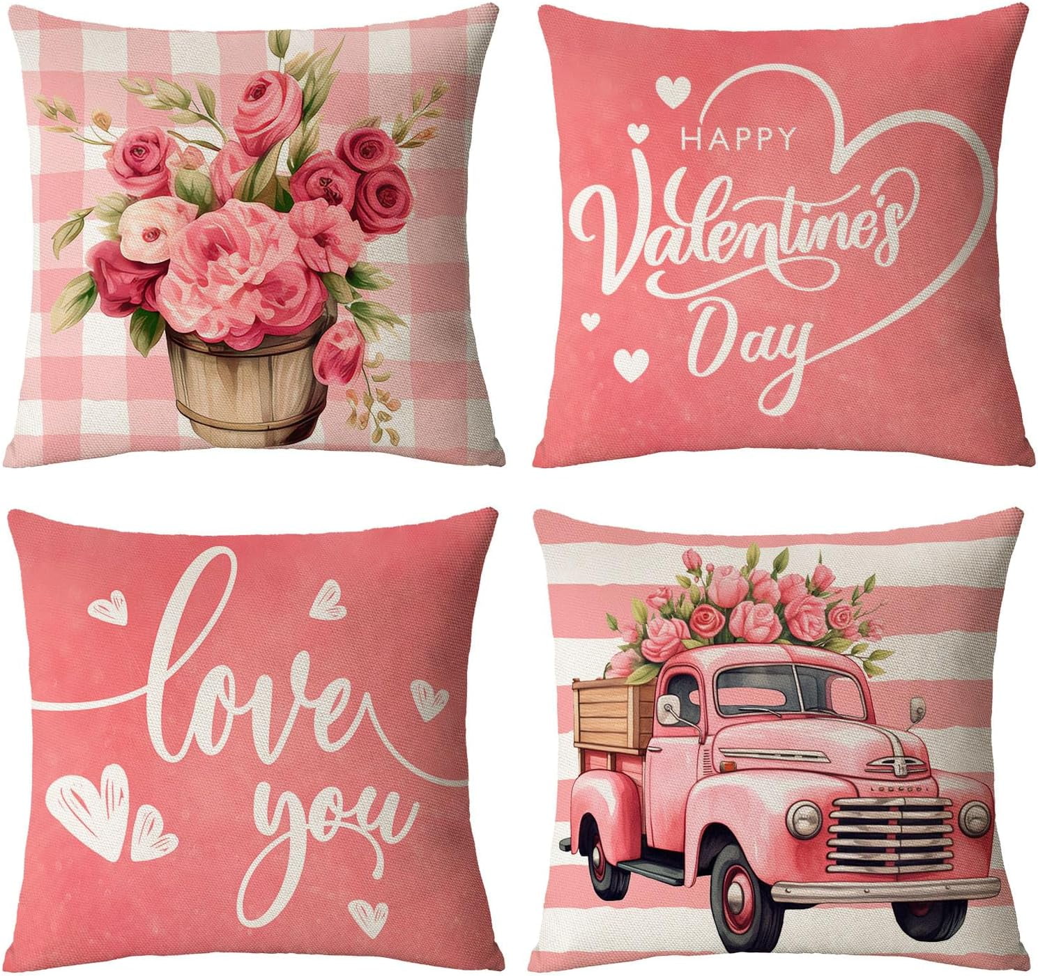 Happy Valentines Day Pillow Covers 16x16 Set of 4 Pink Love Heart Throw ...