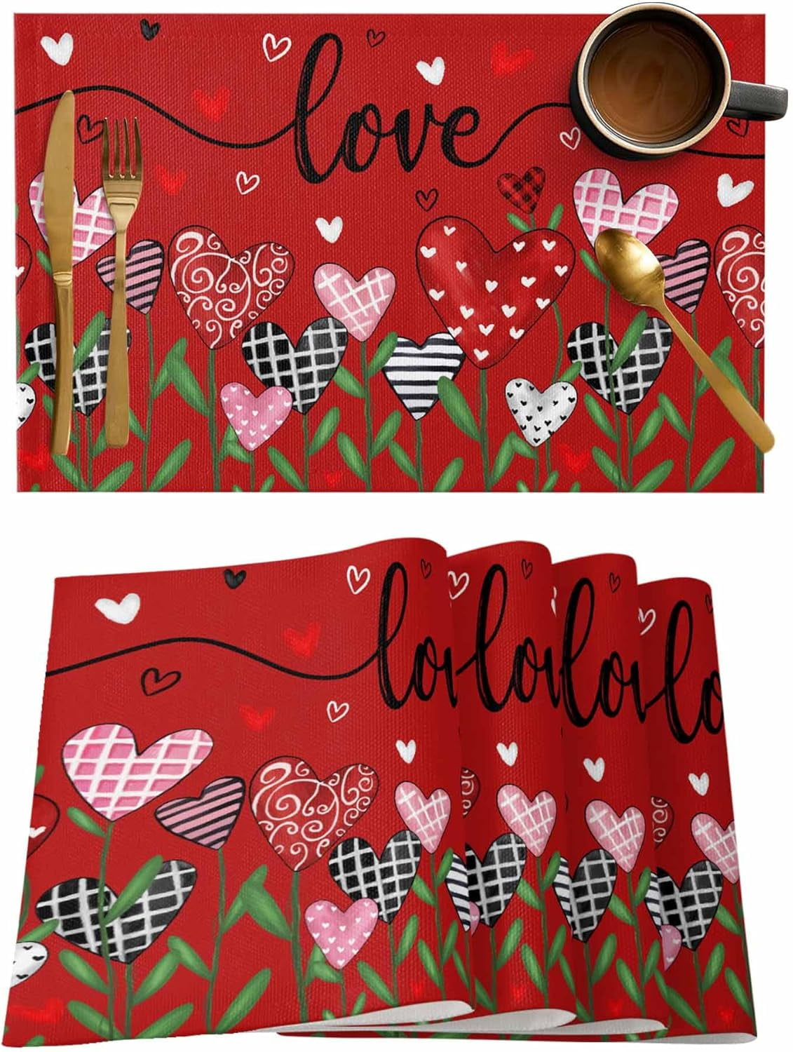 Happy Valentines Day Placemats Set of 4 Washable Table Mats for Kitchen ...