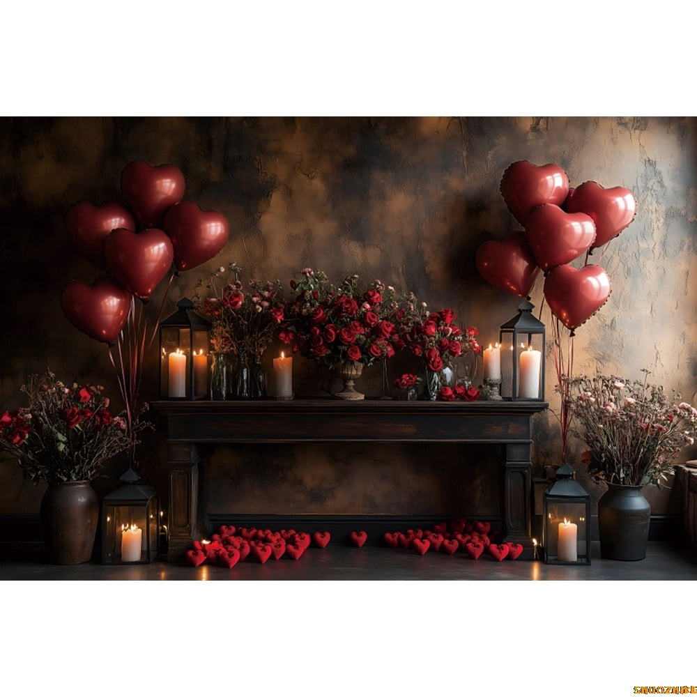 Happy Valtine's Day Backdrop Retro Wall Red Love Heart Balloon Flower ...