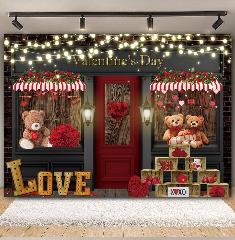 Happy Valtine's Day Backdrop for Photography Red Rose Love Heart Brick Wall Flower Shop Wedding ...