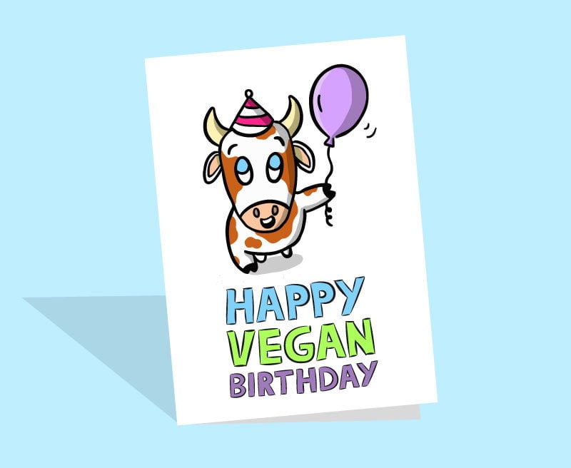 Happy Vegan Birthday Card – Cute Cow Design with Balloon – Blank Inside ...
