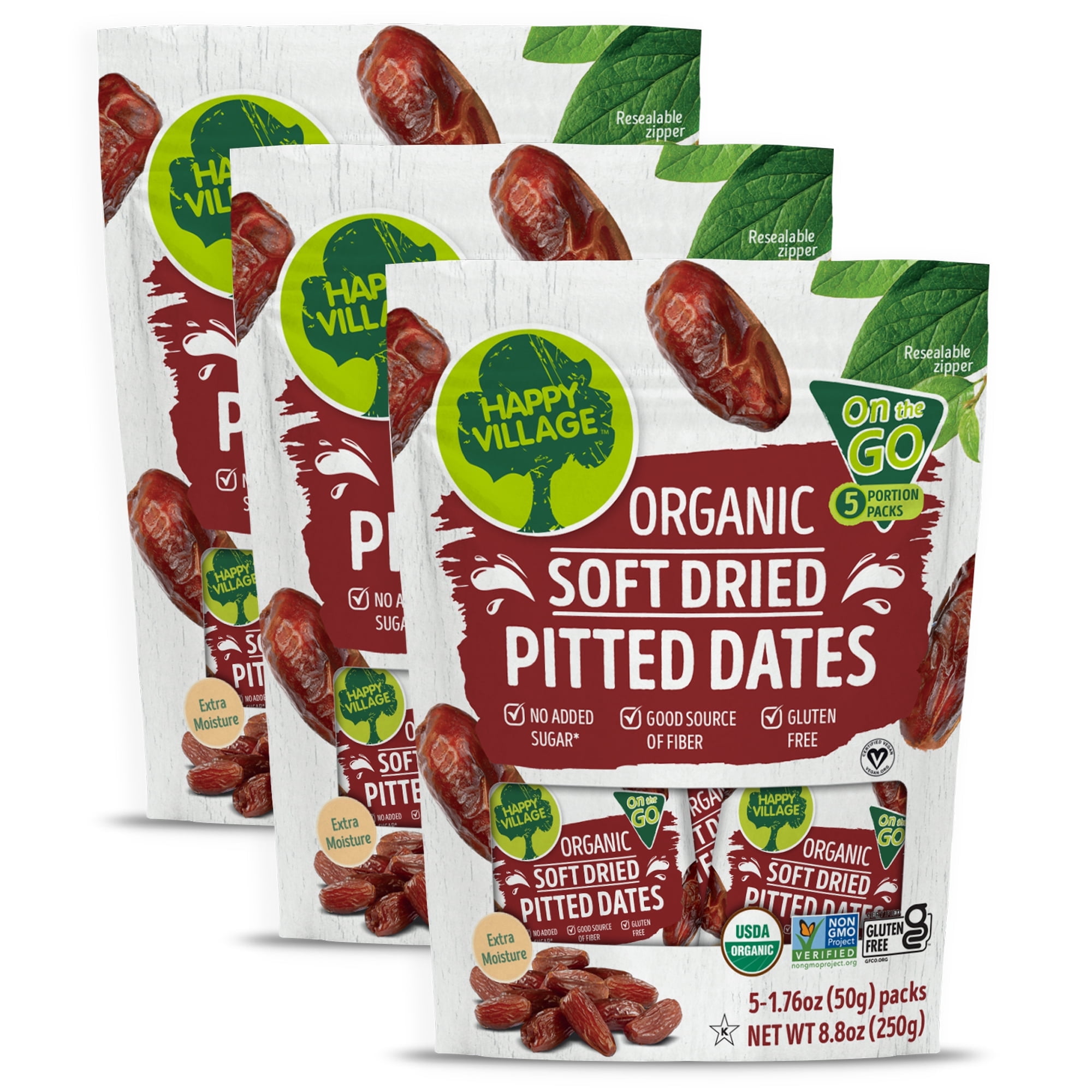 Happy Village Organic Soft Dried Pitted Dates On the Go – 3 Bags (15 ...