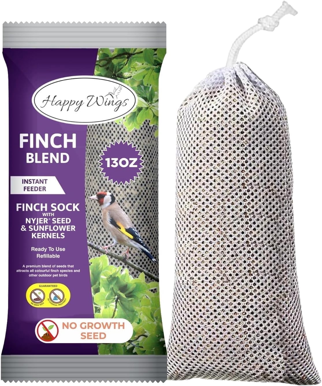 Happy Wing No Grow 13oz Prefilled Finch Blend Sock Feeder (Nyjer Seed ...