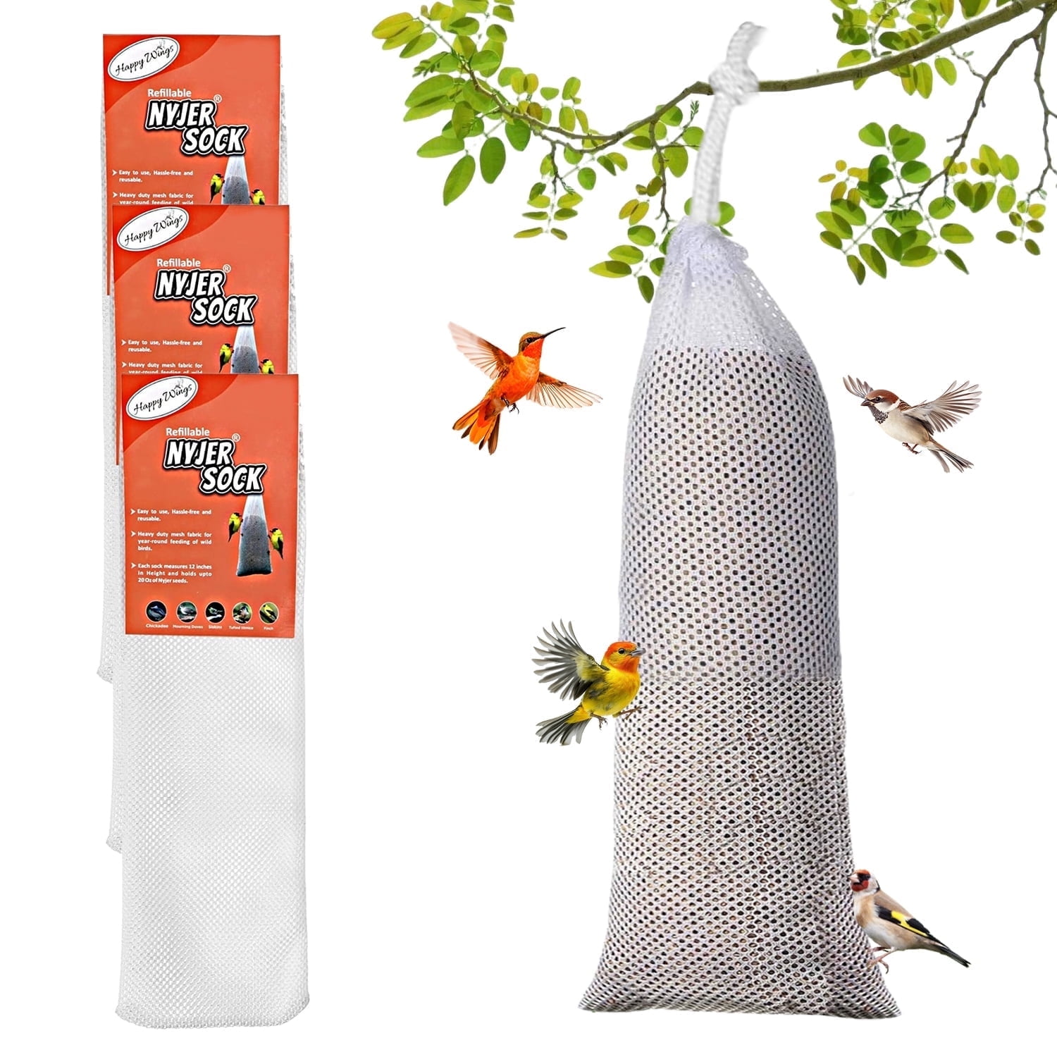 Happy Wings Refillable Mesh Sock Bird Feeders, 3 Pack for Nyjer Seed and Finch Blend - Walmart.com