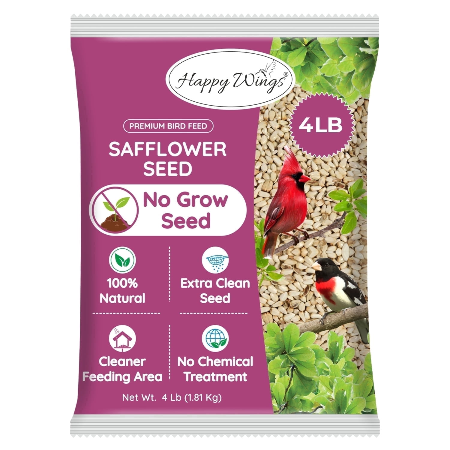 Happy Wings No Grow Safflower Seed, 4lbs, Bird Food, Nutritious, Clean ...