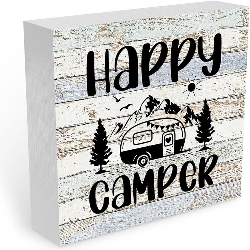 Happy Wood Box Sign Decor Camping Wooden Block Box Sign Decoration For ...