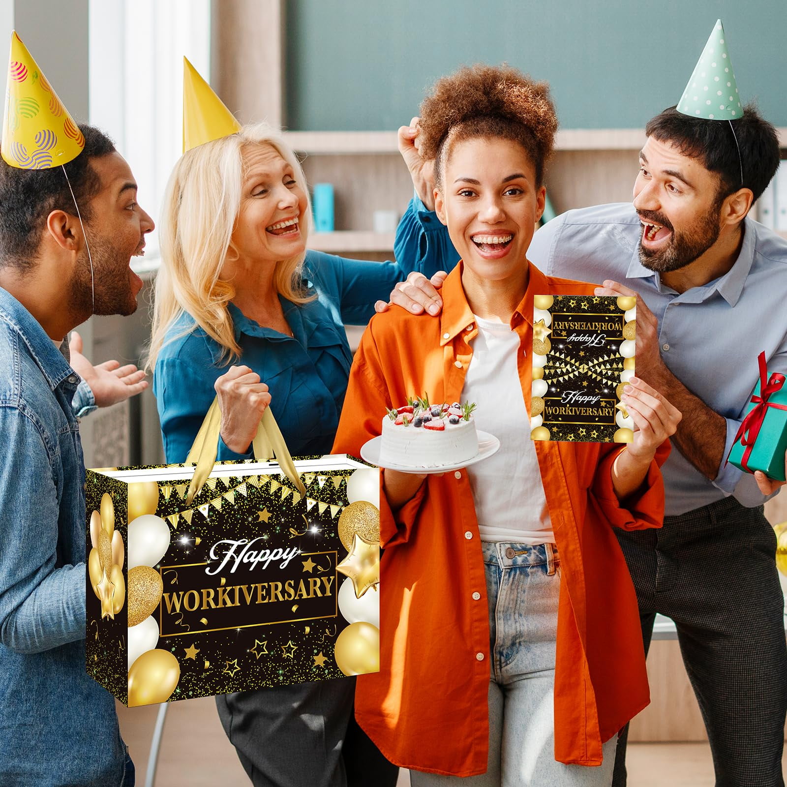 Happy Work Anniversary AJH3 Bag with Tissue Paper and Large Black Gold ...