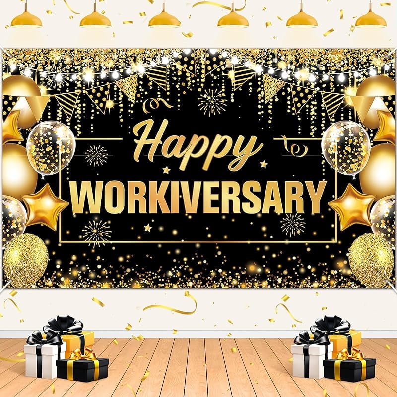 Happy Work Anniversary Banner Decorations Black Gold Happy Workiversary ...