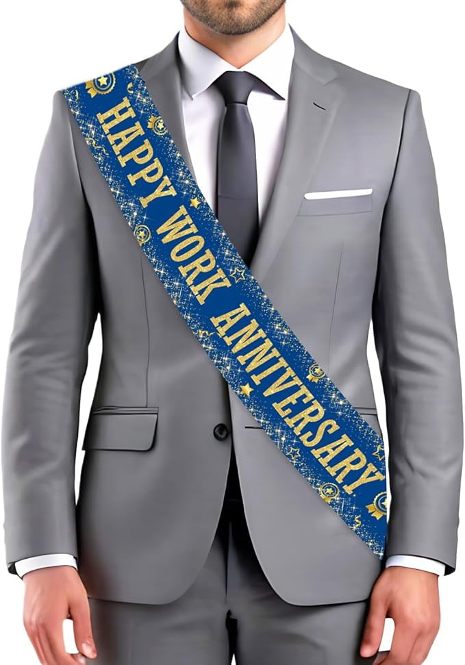 Happy Work Anniversary Decor Sash with Gold Glitter Lettering Blue Work ...