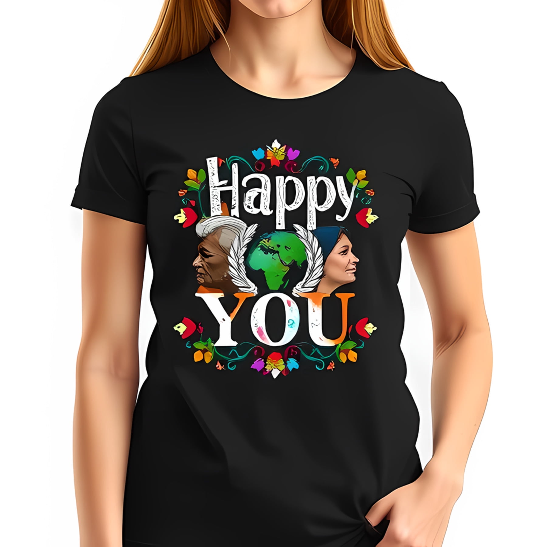Happy You Cotton Short Sleeve T-Shirt - Vibrant Floral Wreath Design ...