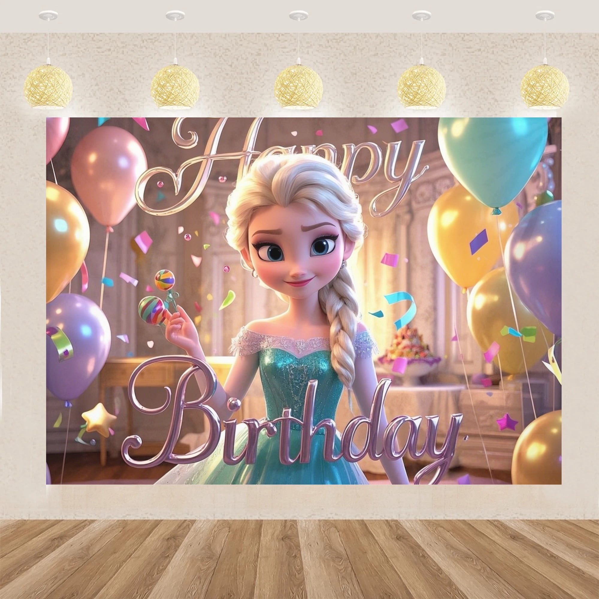 Happy birthday! Frozen background banner. Vibrant polyester decoration ...