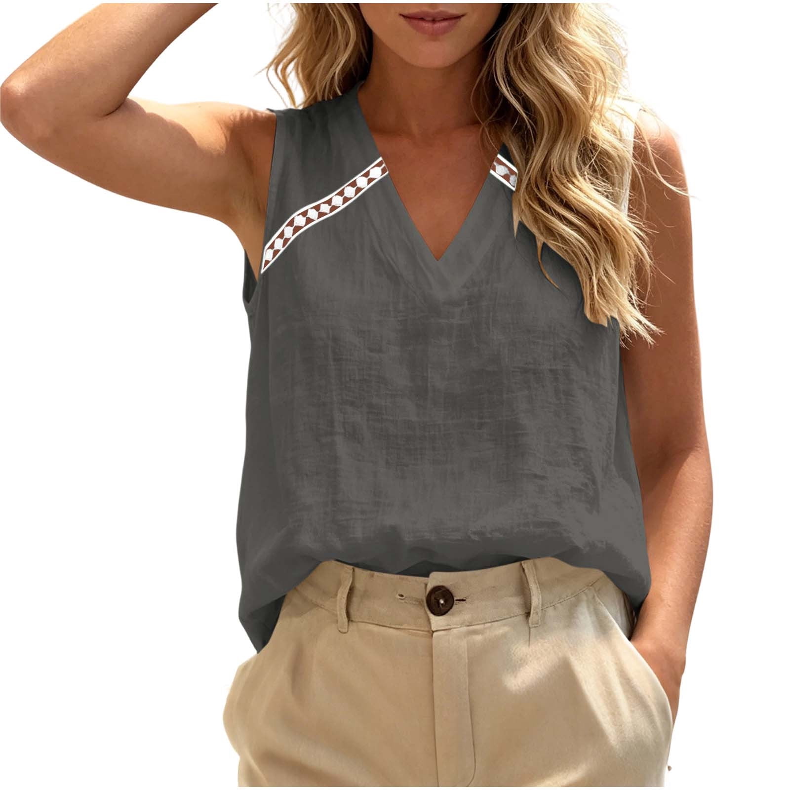 HappyYEE Women's V-Neck Tank Tops Lace Patchwork Sleeveless Tops Loose ...