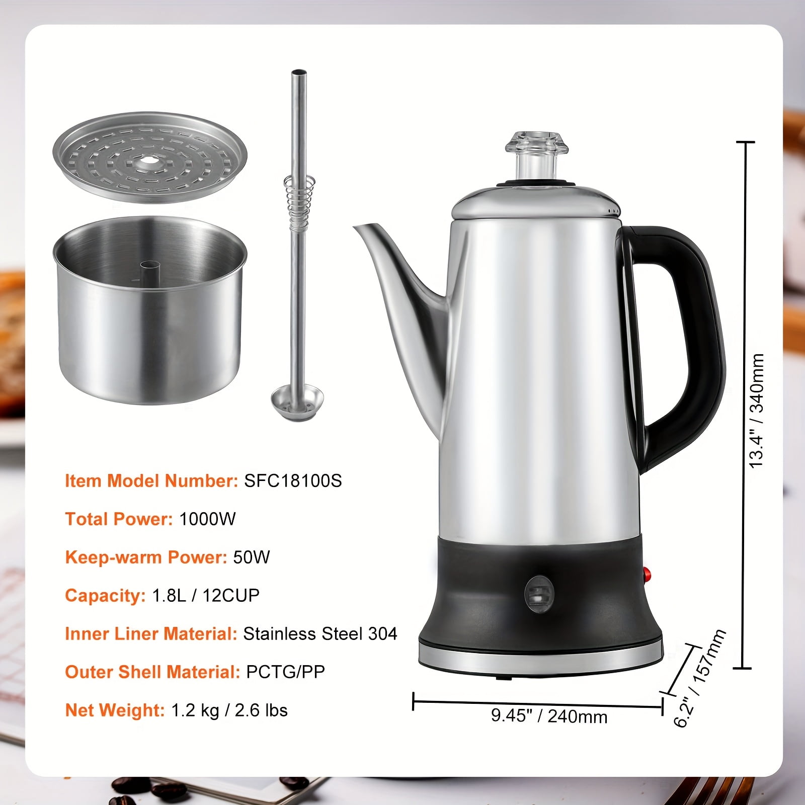 Happybuy 12-Cup Electric Coffee Percolator, Made of 304 Stainless Steel ...