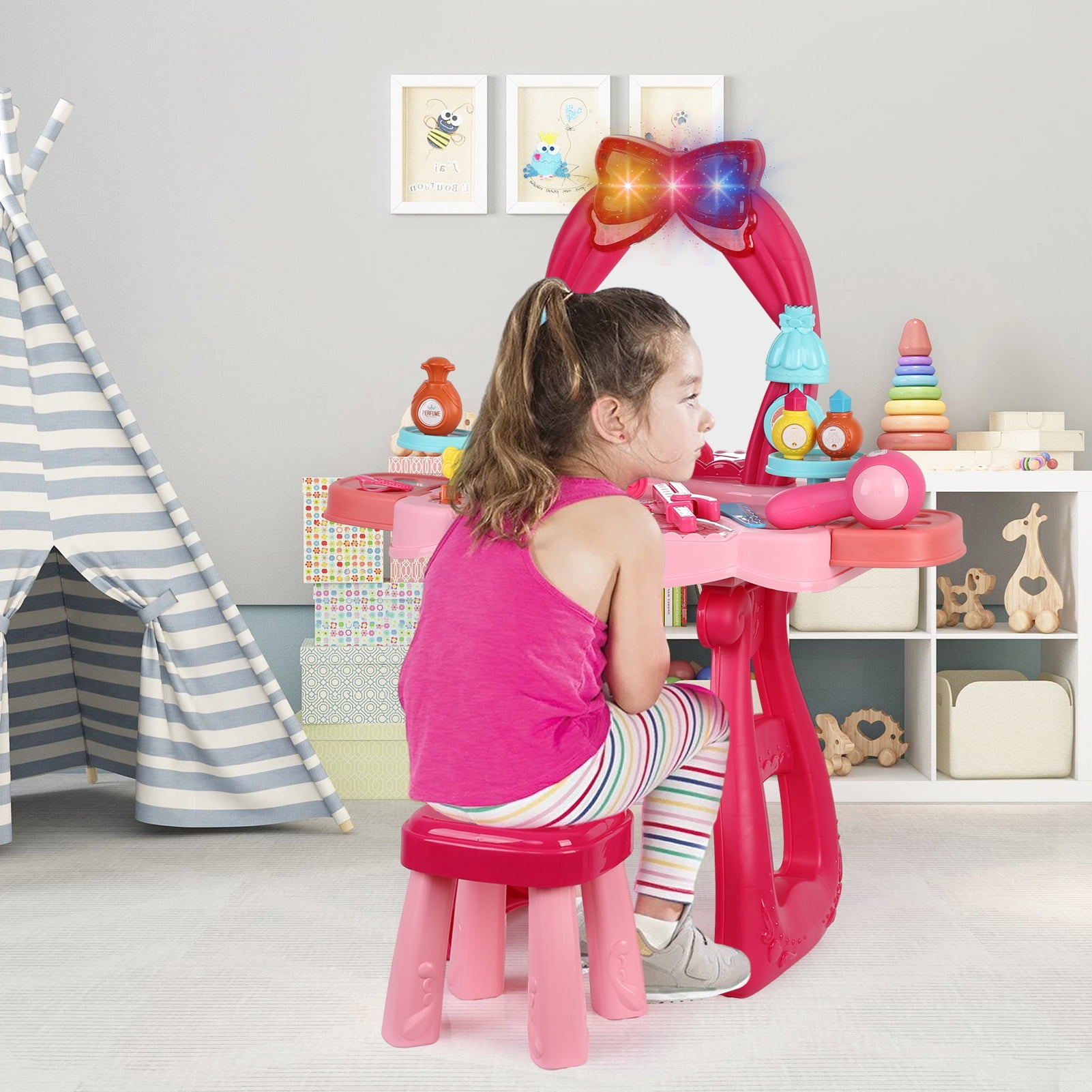 Happydeer Kids Vanity with Music, 2 in 1 Princess Makeup Desk & Chair ...