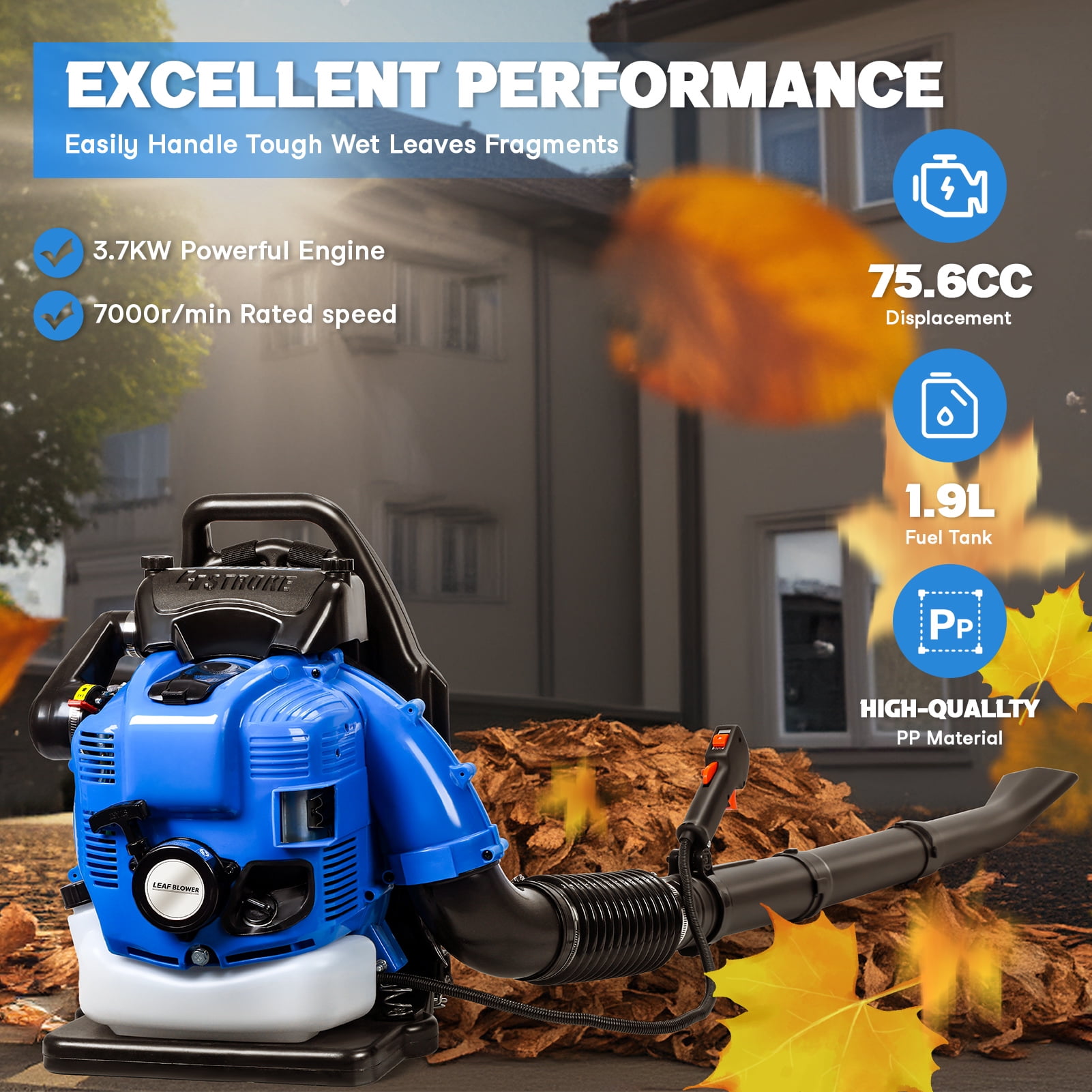 Happydeer Leaf Blower, Backpack Gas Leaf Blower, 75.6CC 4-Stroke Snow Blower, Up to 900 CFM and ...