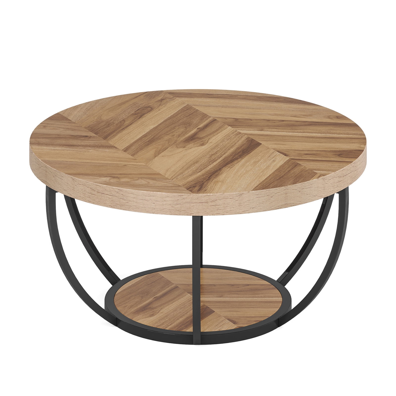 Happydeer Round Coffee Table, 2-Tier Circle Tea Table, Wooden Grain ...