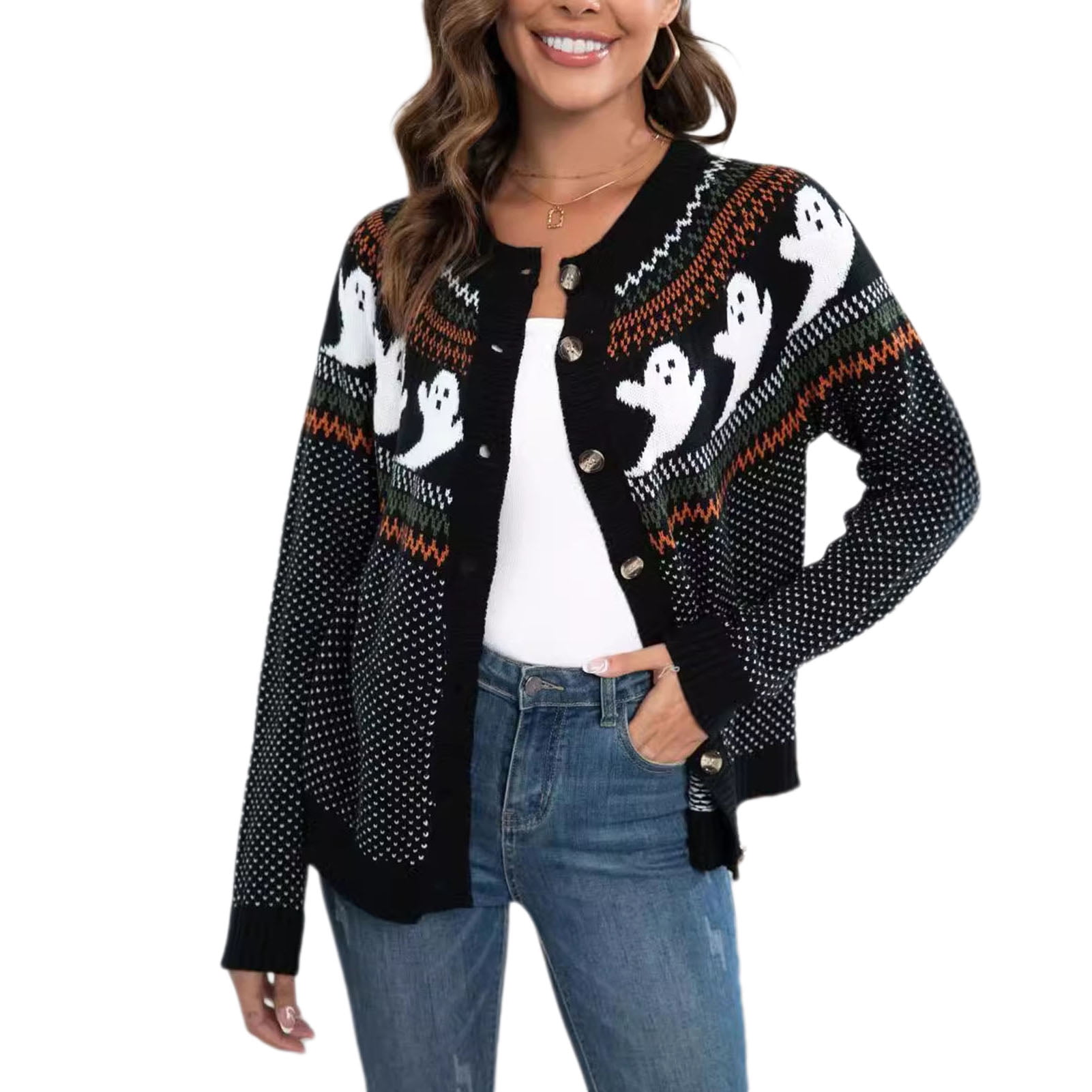 Happydeer Women Sweater Coat Crew Neck Long Sleeve Ghost Pattern ...