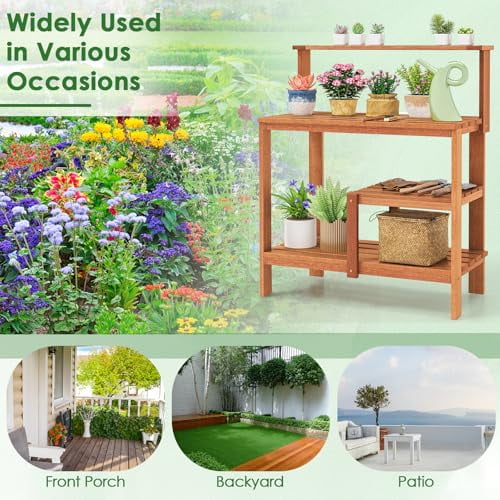 Happygrill Potting Table, Outdoor Wood Work with Storage, Open Shelves ...