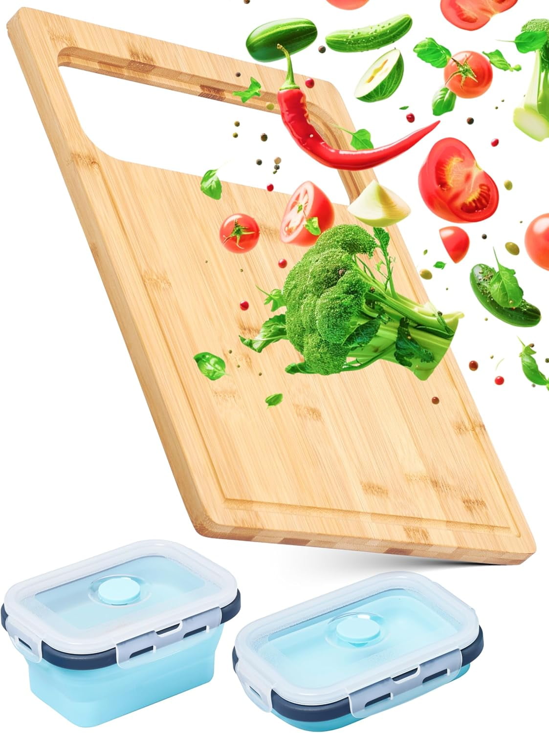 Happylivery Bamboo Cutting Board - Includes 2 Collapsible Containers ...
