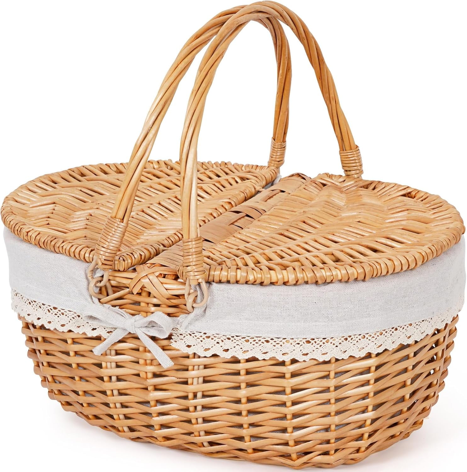 Happypicnic Wicker Picnic Basket with Handle, 15" Large Empty Picnic ...