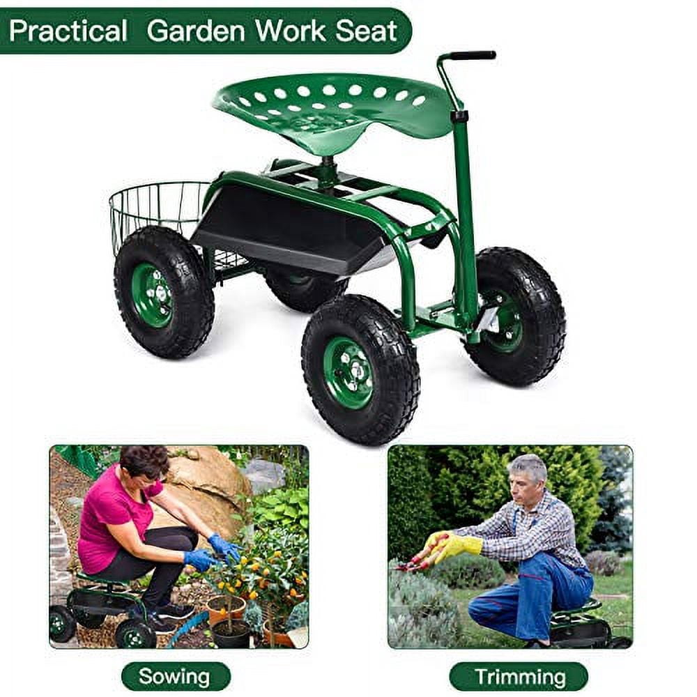 TeviRoom Rolling Garden Cart with Seat, Heavy Duty Gardening Scooter ...