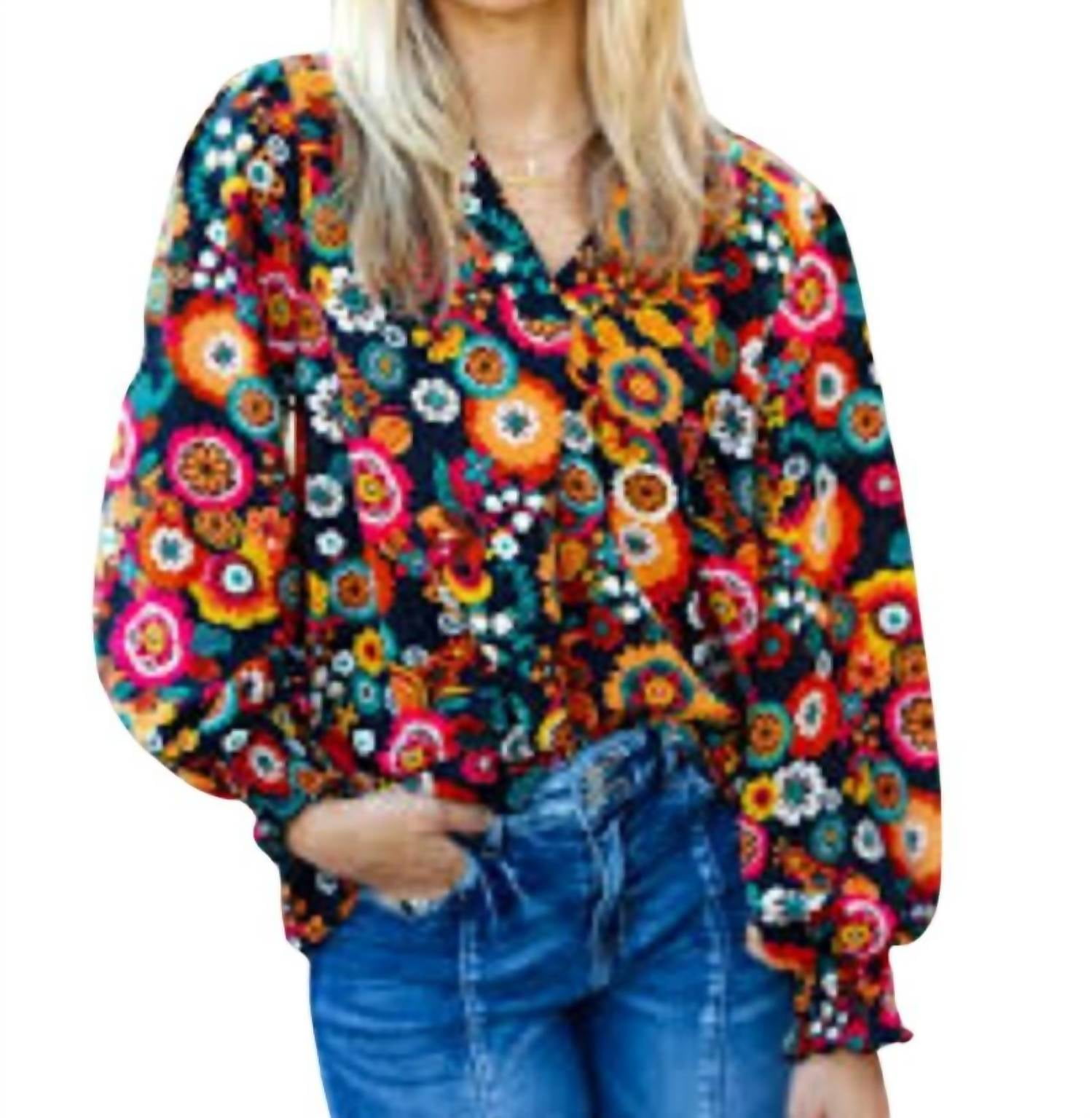 Haptics Floral Print Long Sleeve Blouse - Walmart.com