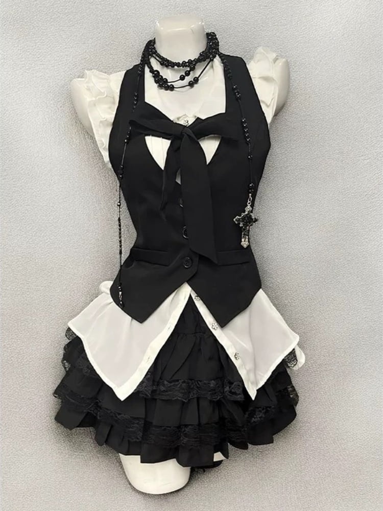 Harajuku Gothic Retro Chic Outfit Women Bubble Sleeve Shirt + Slim Vest ...