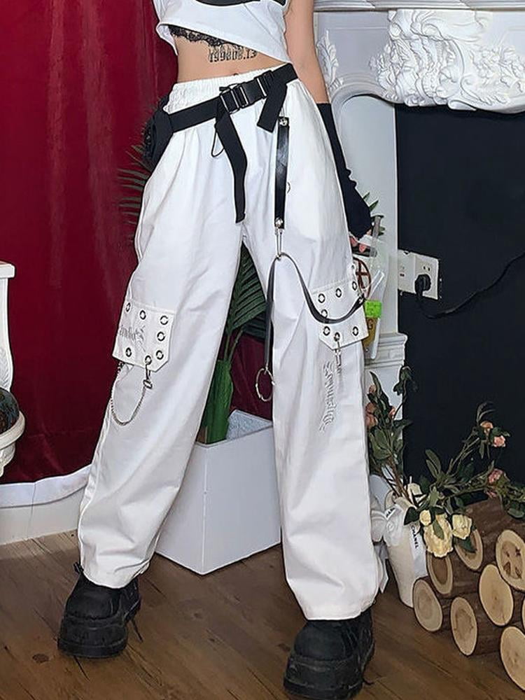 Harajuku Punk Black Cargo Pants Women Gothic Chain White Wide Leg ...