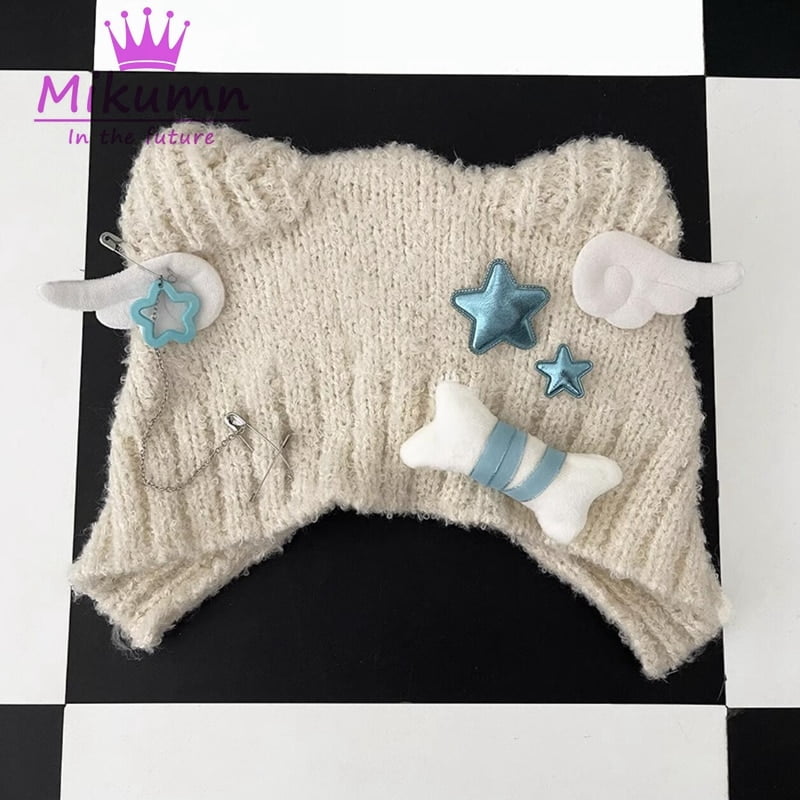 Harajuku Y2k Star Plush Bone Knitted Hat Women Gothic Punk Angel Wings ...