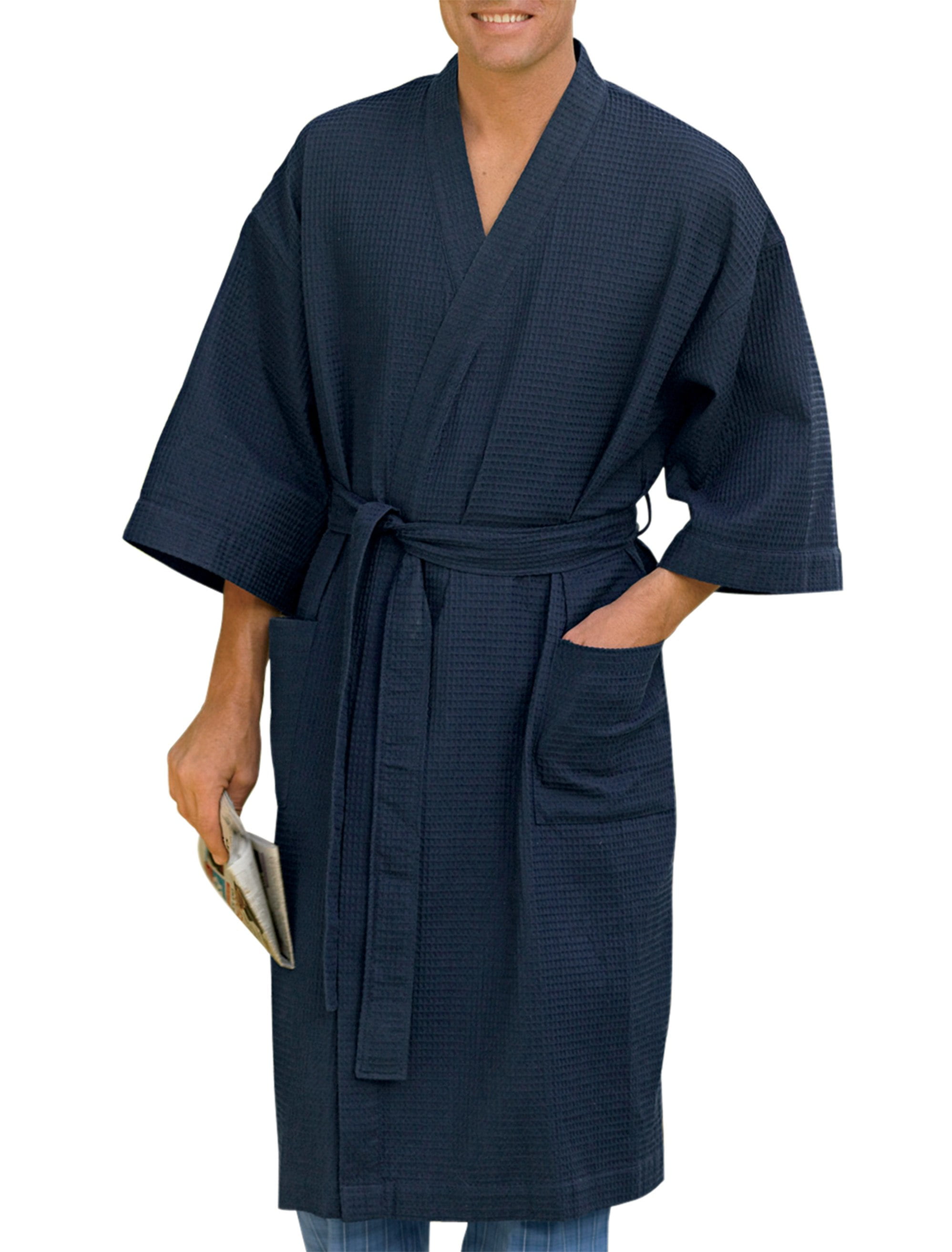 Harbor Bay by DXL Men's 5XL/6XL Waffle-Knit Kimono Robe, Navy, Soft ...
