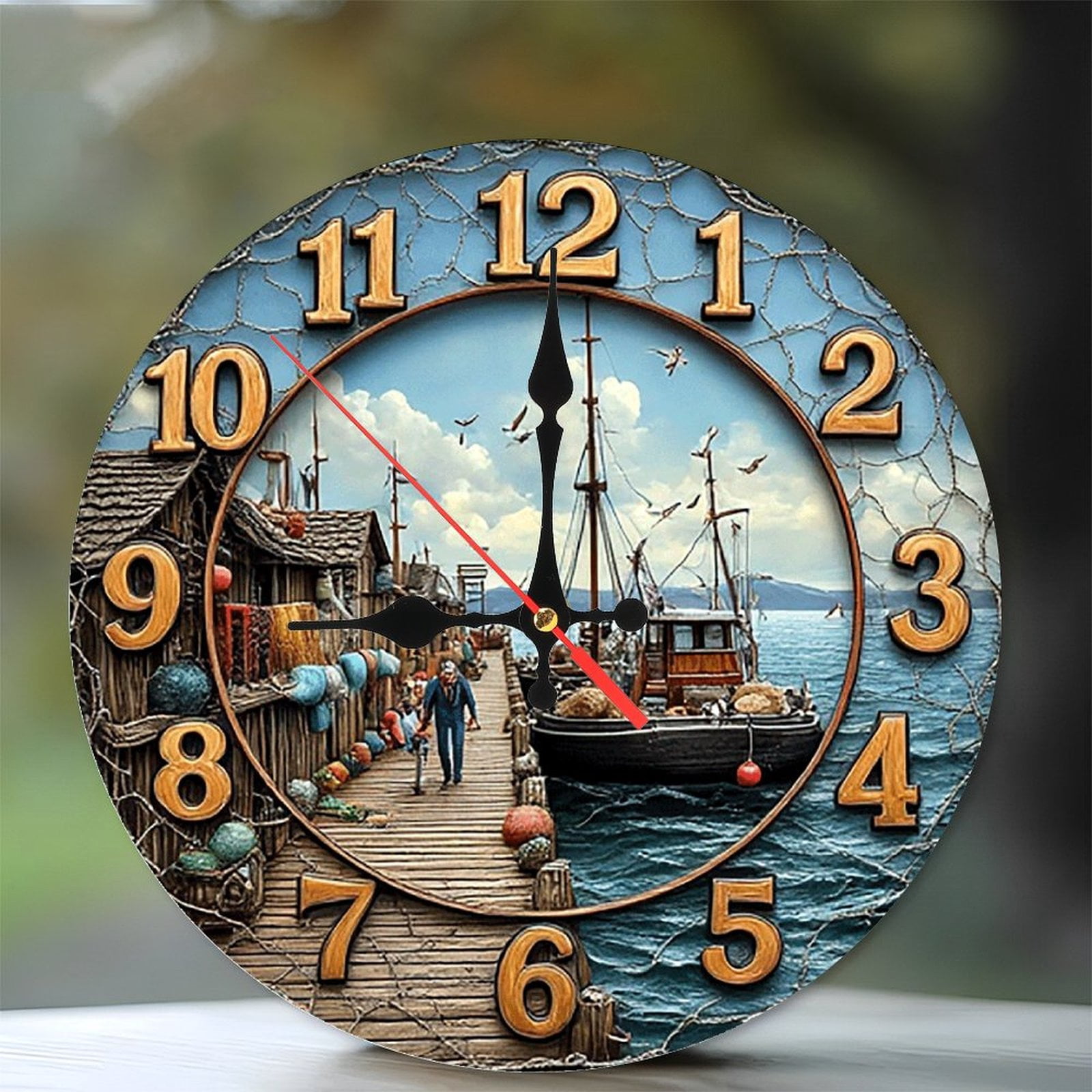 Harbor Fishing Boat Wall Clock Decor 10-Inch Silent Wooden Wall Clock ...