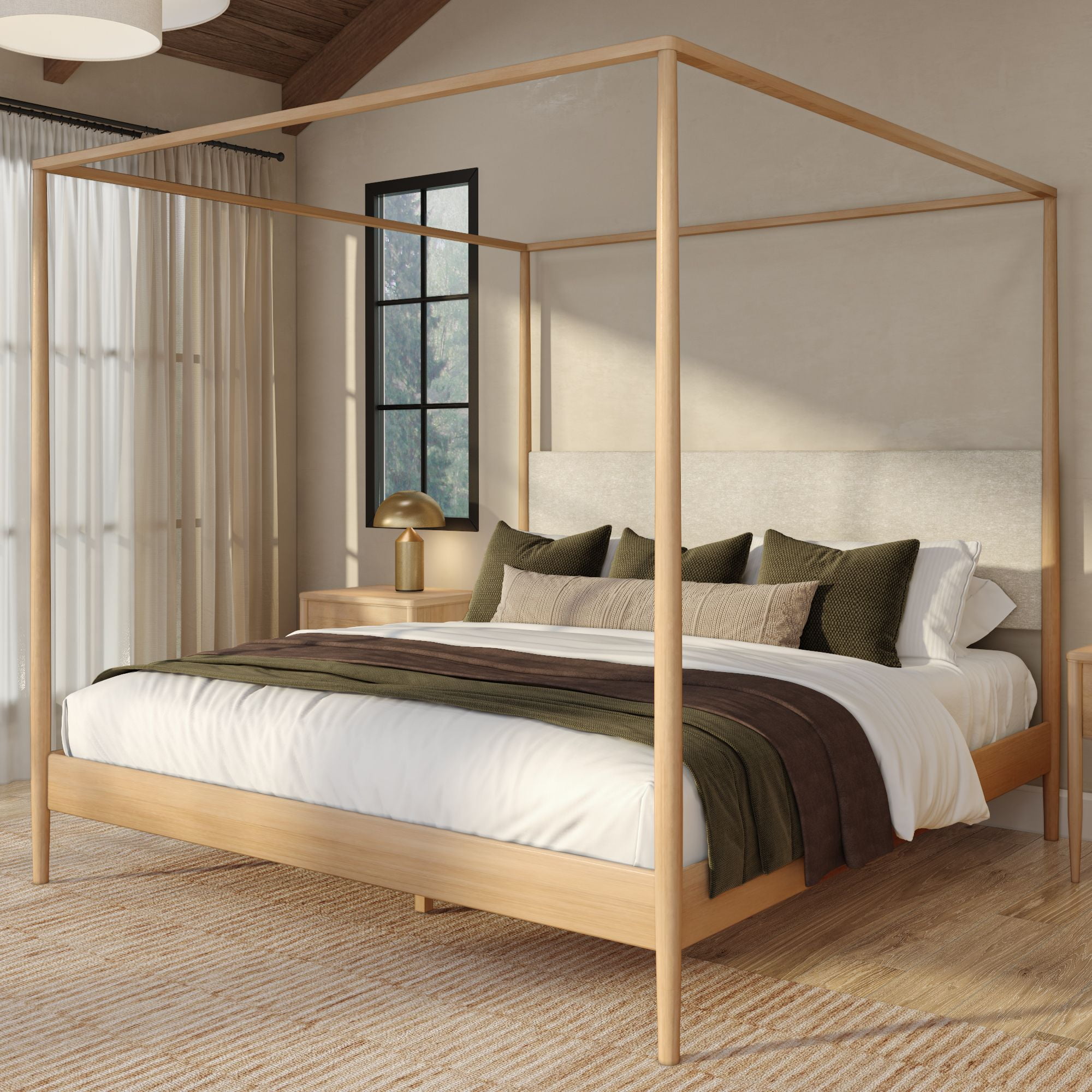 Harbor King Canopy Bed with Upholstered Headboard, Blonde/Swiss Coffee ...