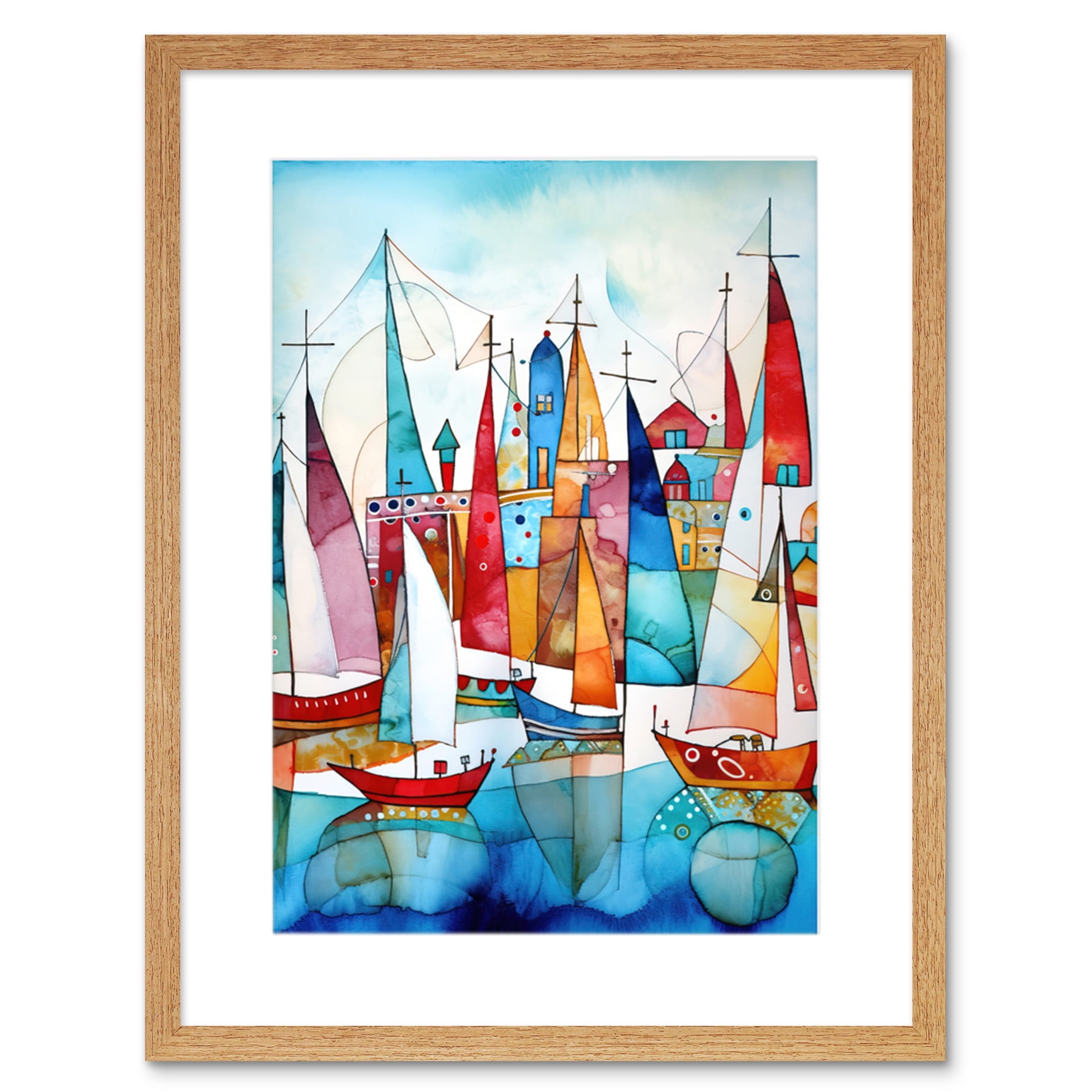 Harbour Boats Abstract Folk Art Watercolour Painting Artwork Framed ...