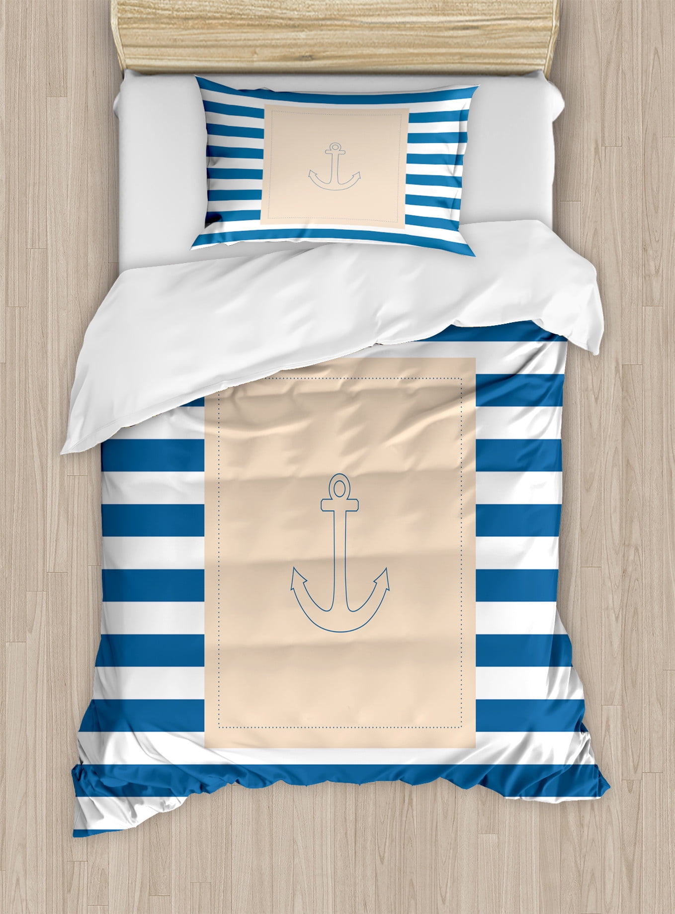 Harbour Stripe Duvet Cover Set, Maritime Anchor over Pastel Nautical ...