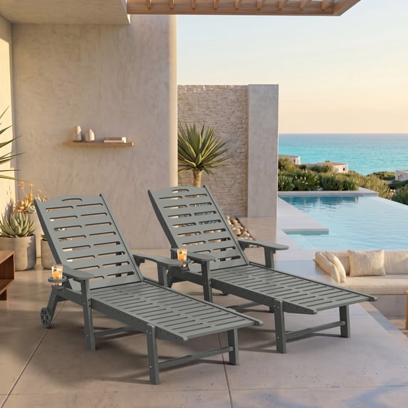 Harbweb 2 Pack Outdoor Chaise Lounge with Wheels & Cup Holder, All ...