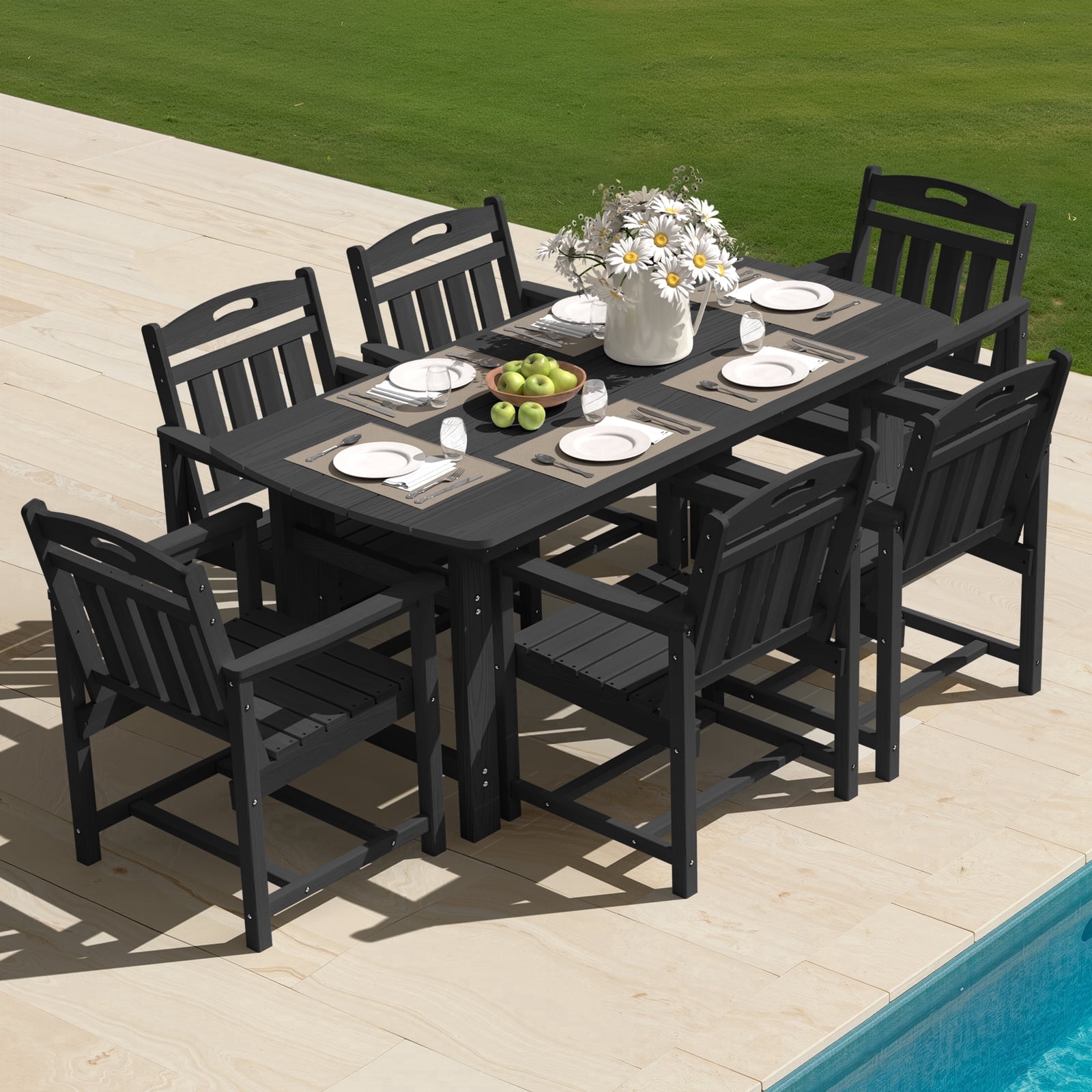 Harbweb 7pc HDPE Outdoor Dining Set, All-Weather Wood Grain Patio ...
