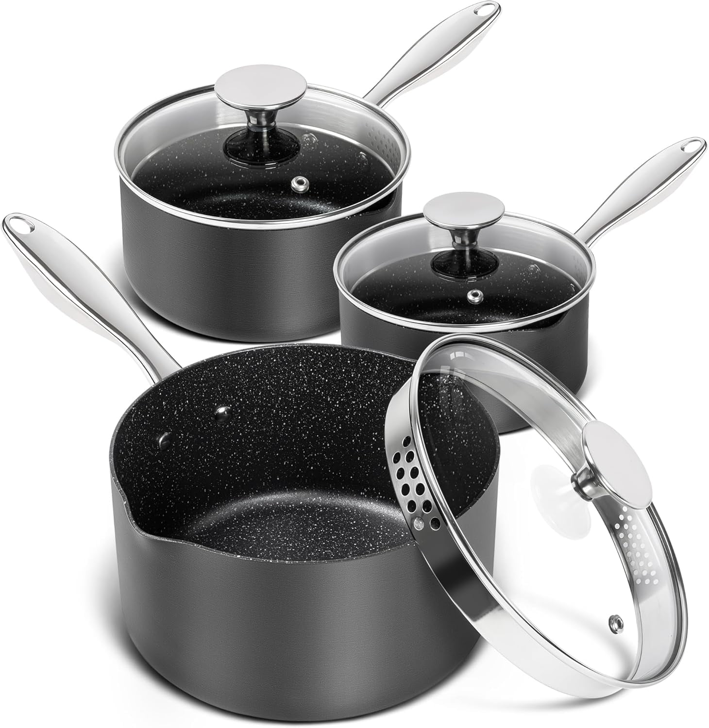 Hard Anodized Saucepan Set with Lids, Nonstick Saucepan with Pour ...