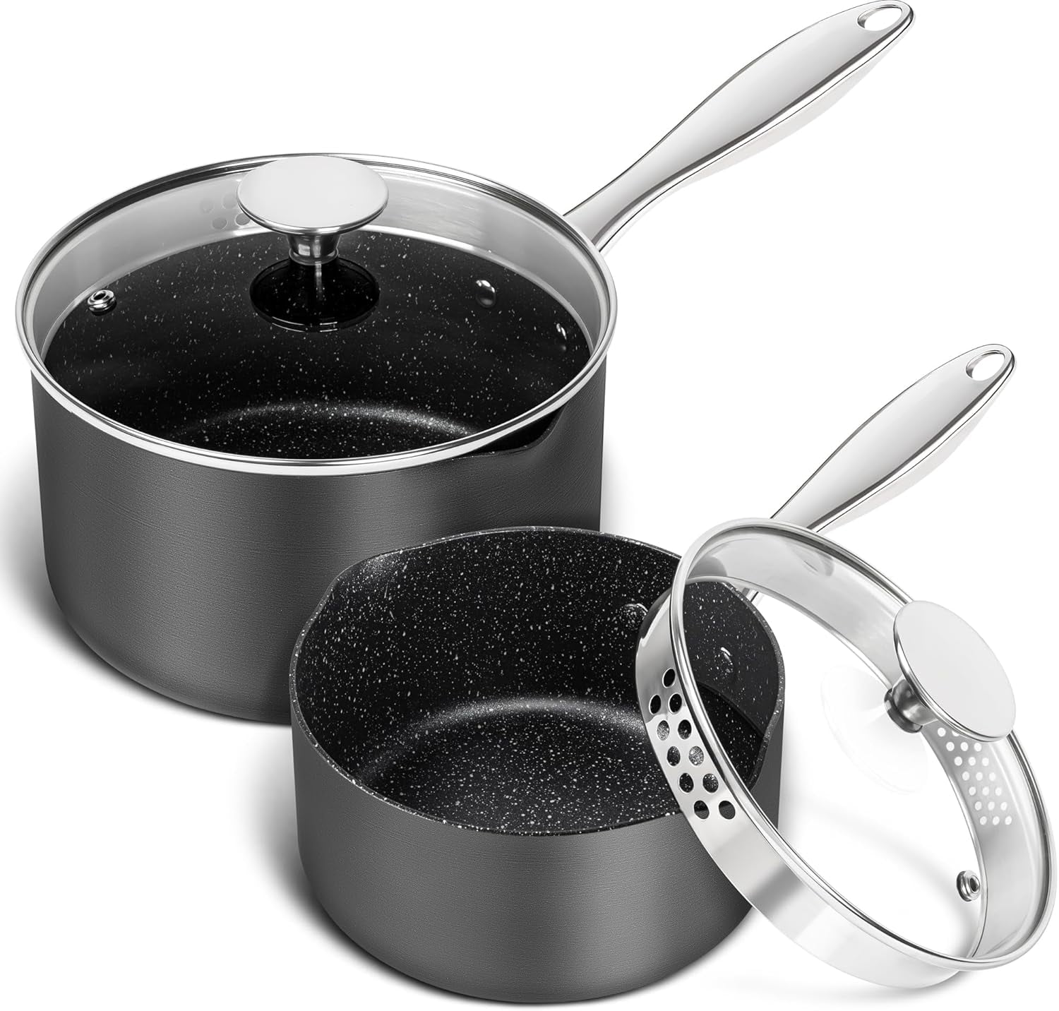 Hard Anodized Saucepan Set with Lids, Nonstick Saucepan with Pour ...
