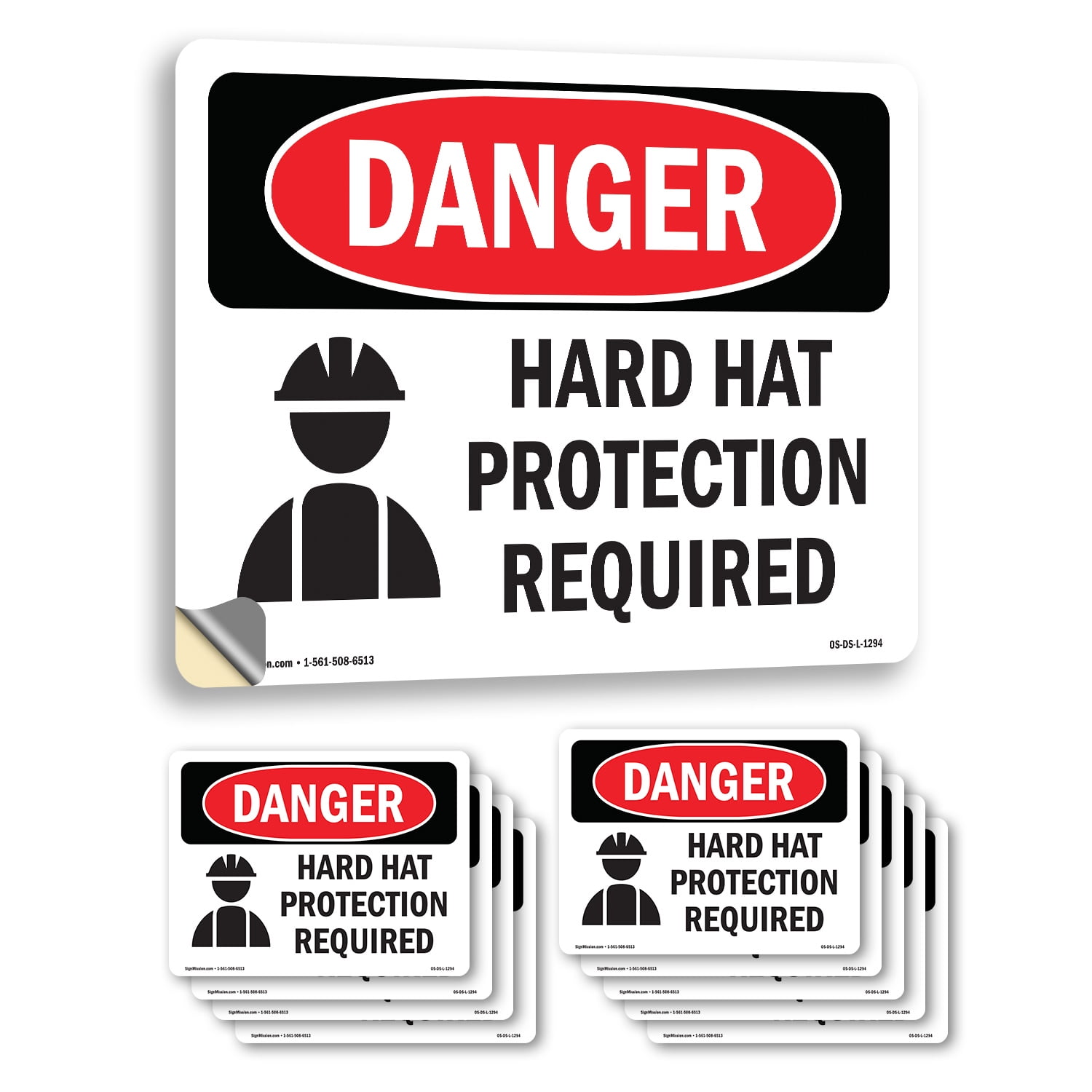 Hard Hat Protection Required OSHA Danger Vinyl Decal Label 18 Inch x 12 ...