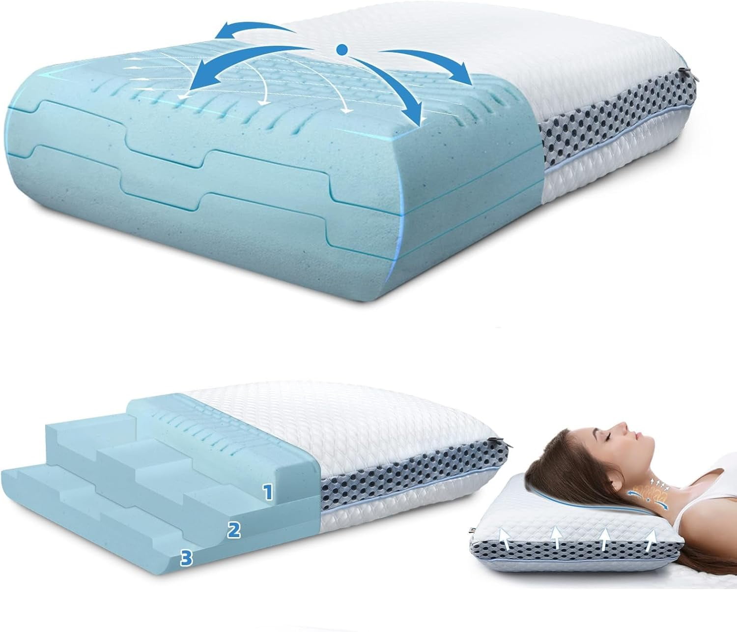 Hard Pillow for Deep Sleep, Cooling Memory Foam, Height Adjustable ...