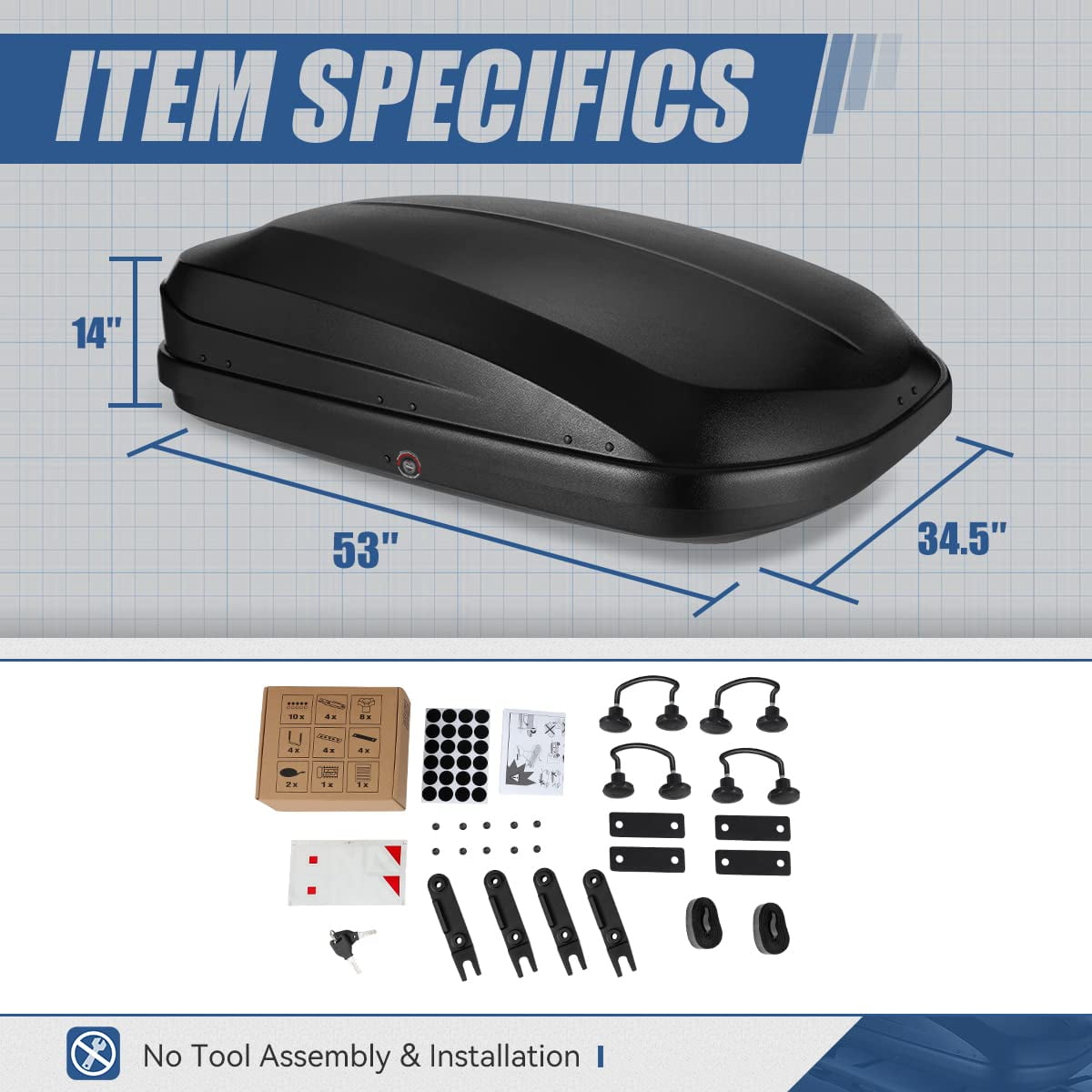 Hard Shell Roof Top Mount Car Cargo Box, 55L x 34.5W x 14H Inches, 110 ...