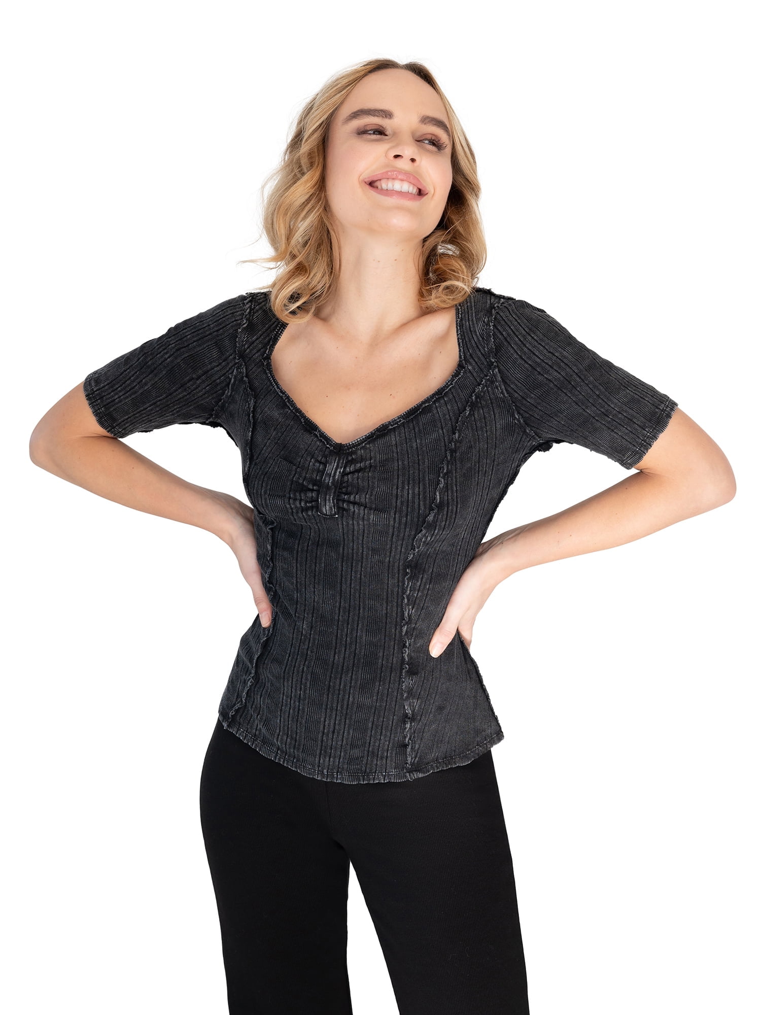 Hard Tail Women's Acid Wash Variegated Rib Top, Short Sleeves, Cotton ...