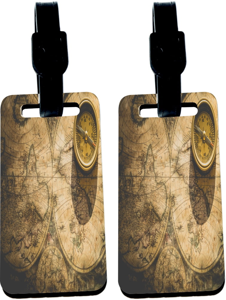 Hardboard Luggage Identifier Tags with Strap - Compass with Vintage Map ...