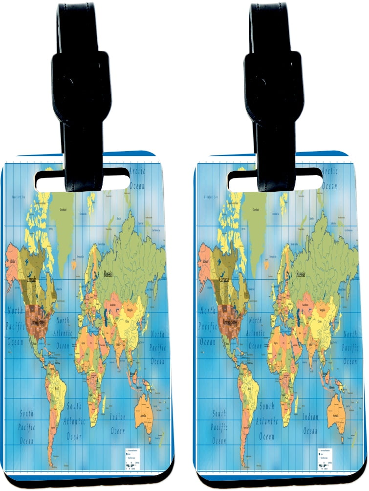 Hardboard Luggage Identifier Tags with Strap - World Map Poster (x4 ...