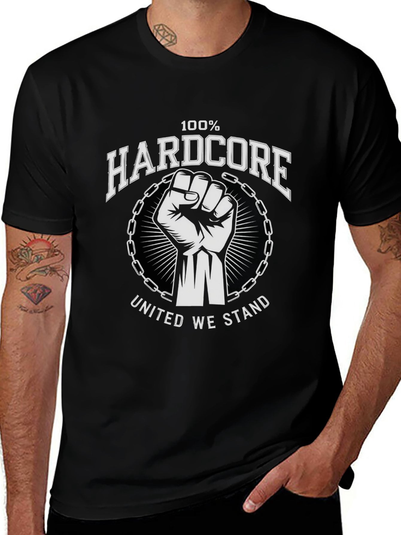 Hardcore Statement T-Shirt with Fist in Chains & Sunburst Design - 100% ...